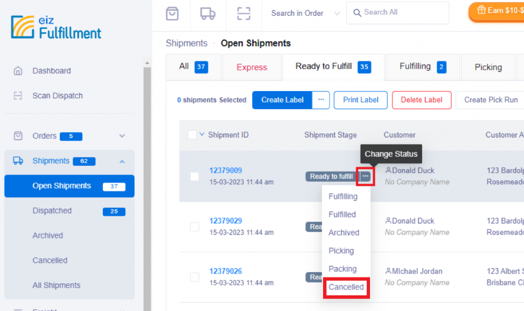 How to cancel a shipment – EIZ Docs