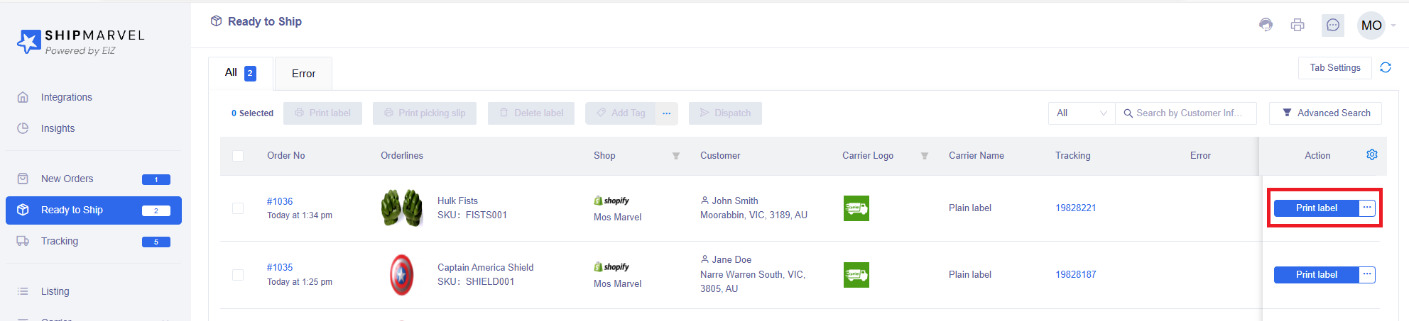How to print shipping labels – EIZ Docs